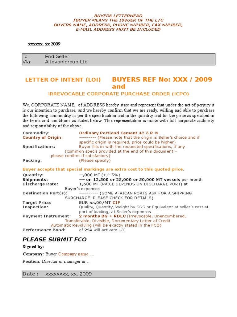 Sample LOI ICPO Cement | PDF | Prices | Business