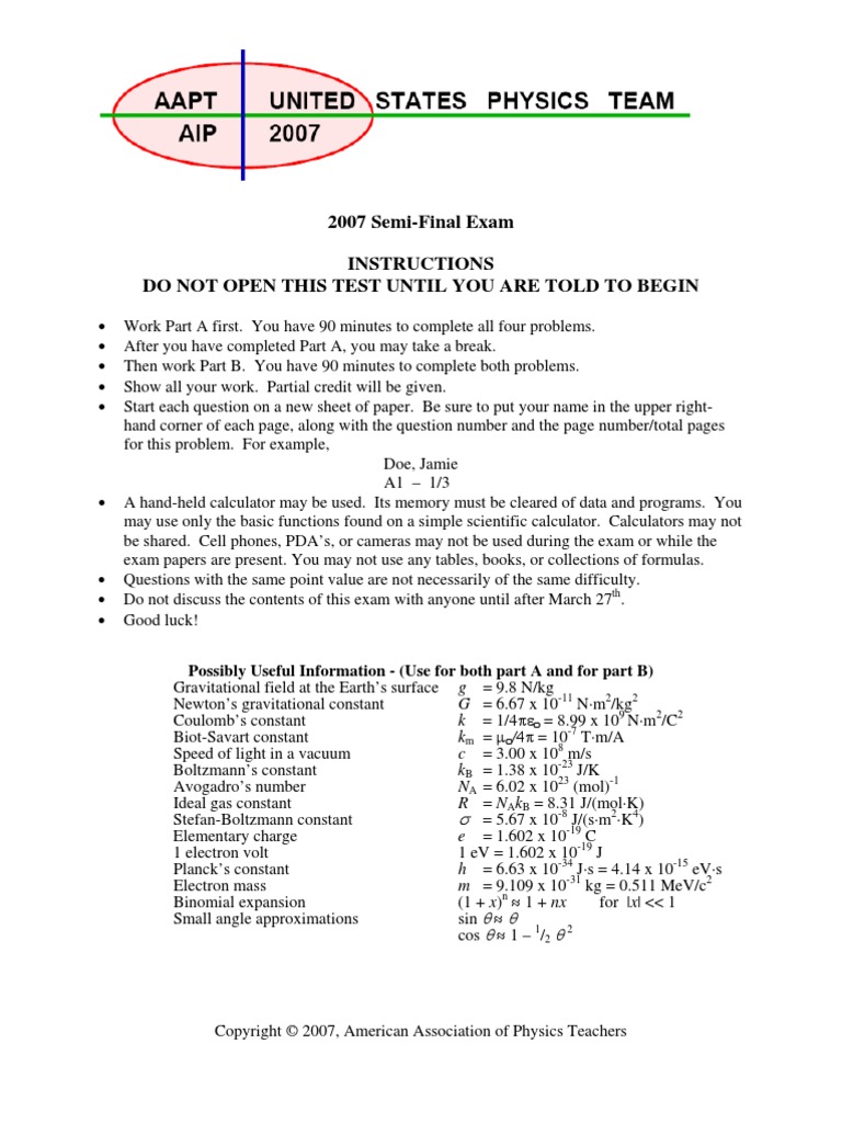 2007 Semi-Final Exam Instructions Do Not Open This Test Until You Are ...
