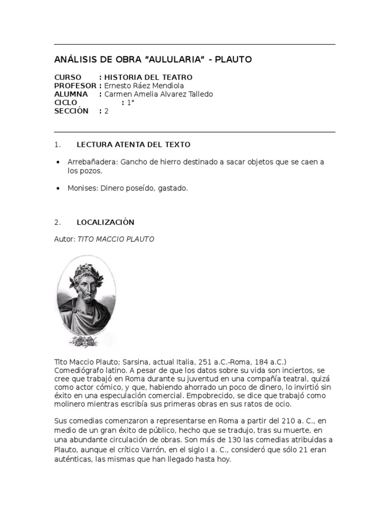 Análisis Aulularia | PDF | Comedia