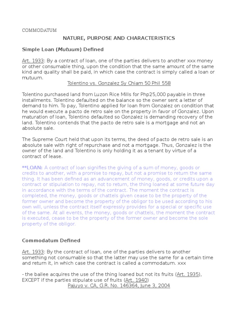 Commodatum and Mutuum | PDF | Loans | Lease