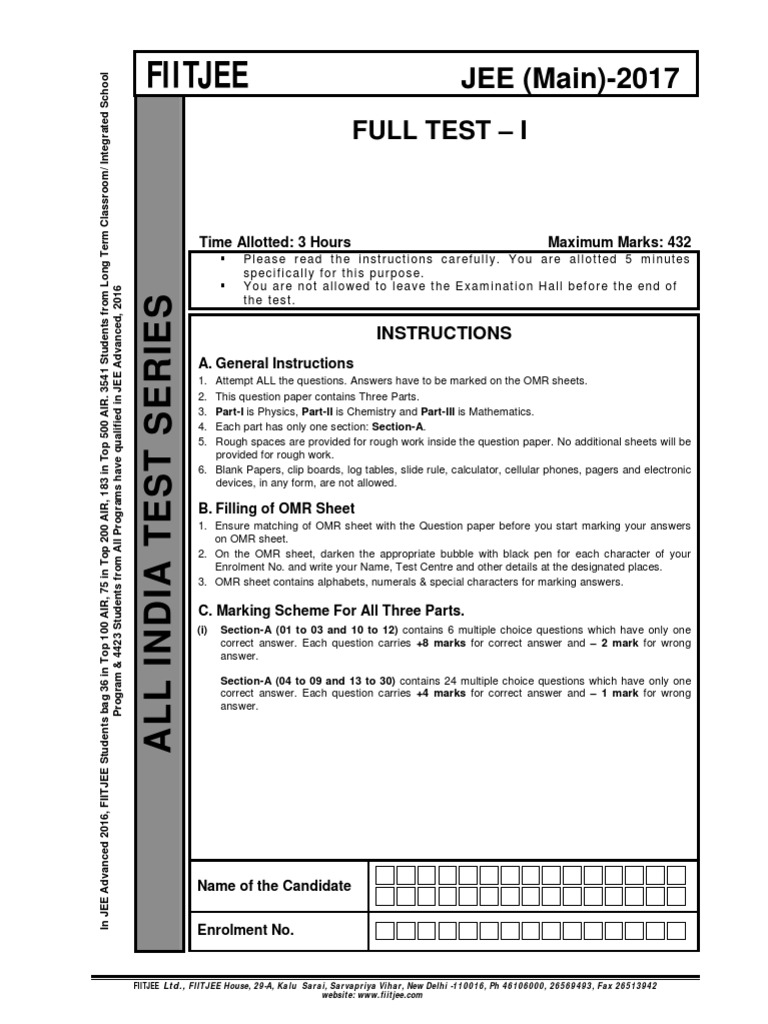 Question Paper FIITJEE AITS MAINS - 2017 | PDF | Gases | Waves