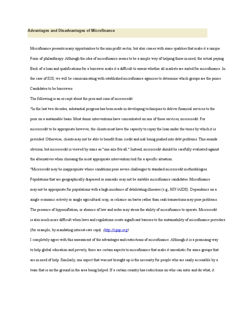 Advantages and Disadvantages of Microfinance | PDF | Microfinance ...