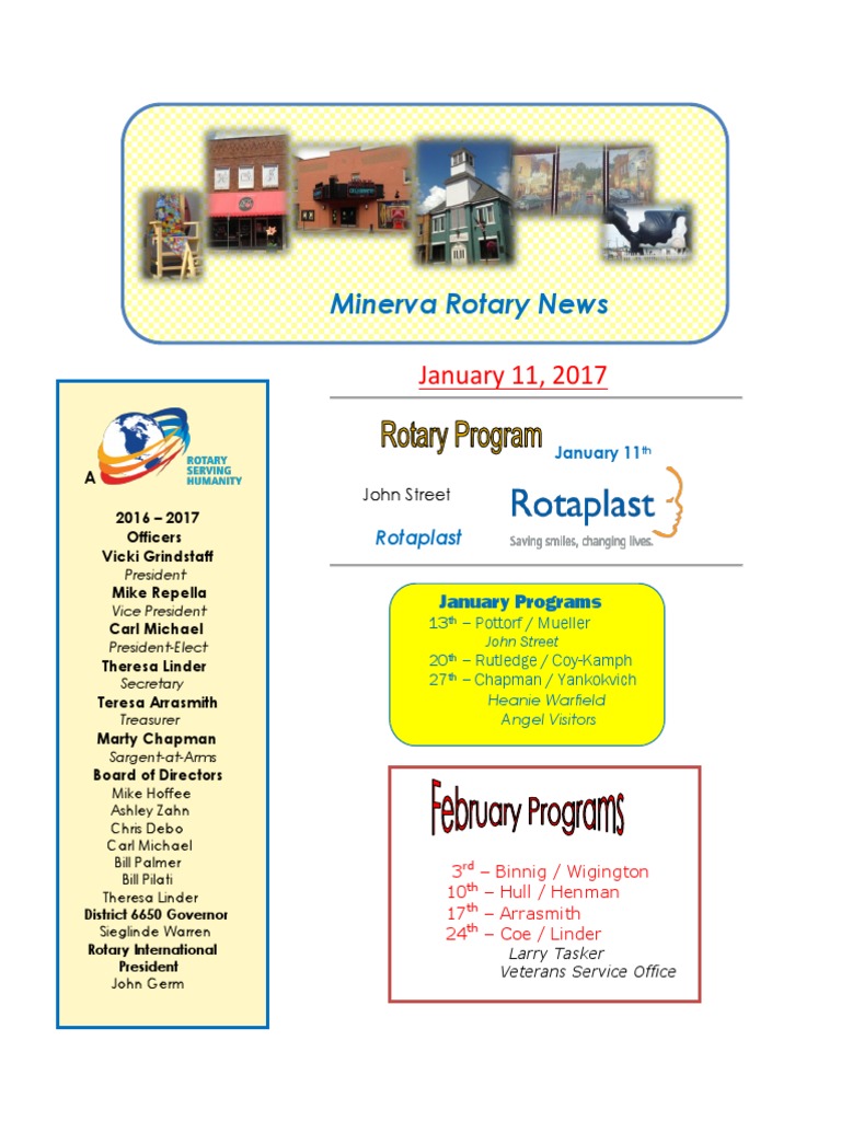Minerva Rotary Newsletter - January 11 2017 | PDF | Fraternal Service ...