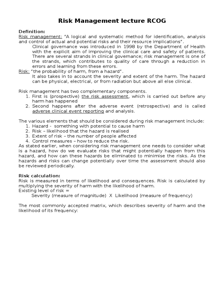 Risk Management Lecture RCOG | PDF | Risk Management | Patient Safety