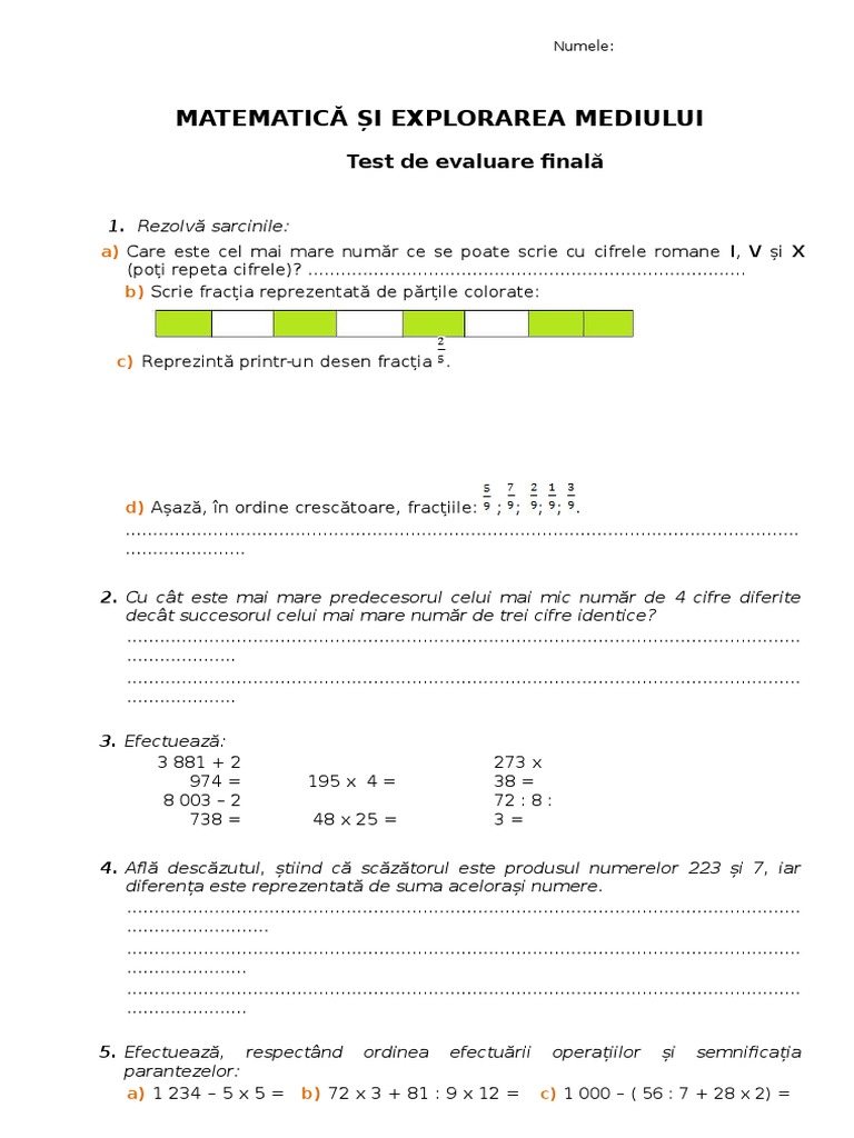 clasa a III-a Mate Test Evaluare Finala