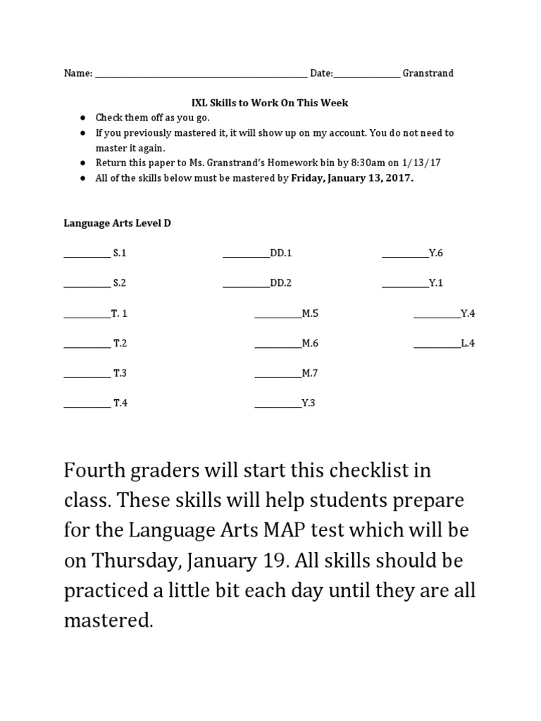 Weekly IXL Skills Checklist for 4th Grade | PDF | Career & Growth | Art