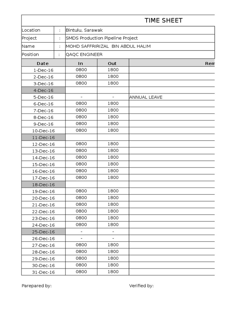 Time Sheet: Date in Out Remarks | PDF
