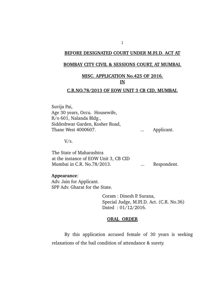 Relaxation of Bail Conditions for a Female Applicant in a Criminal Case ...