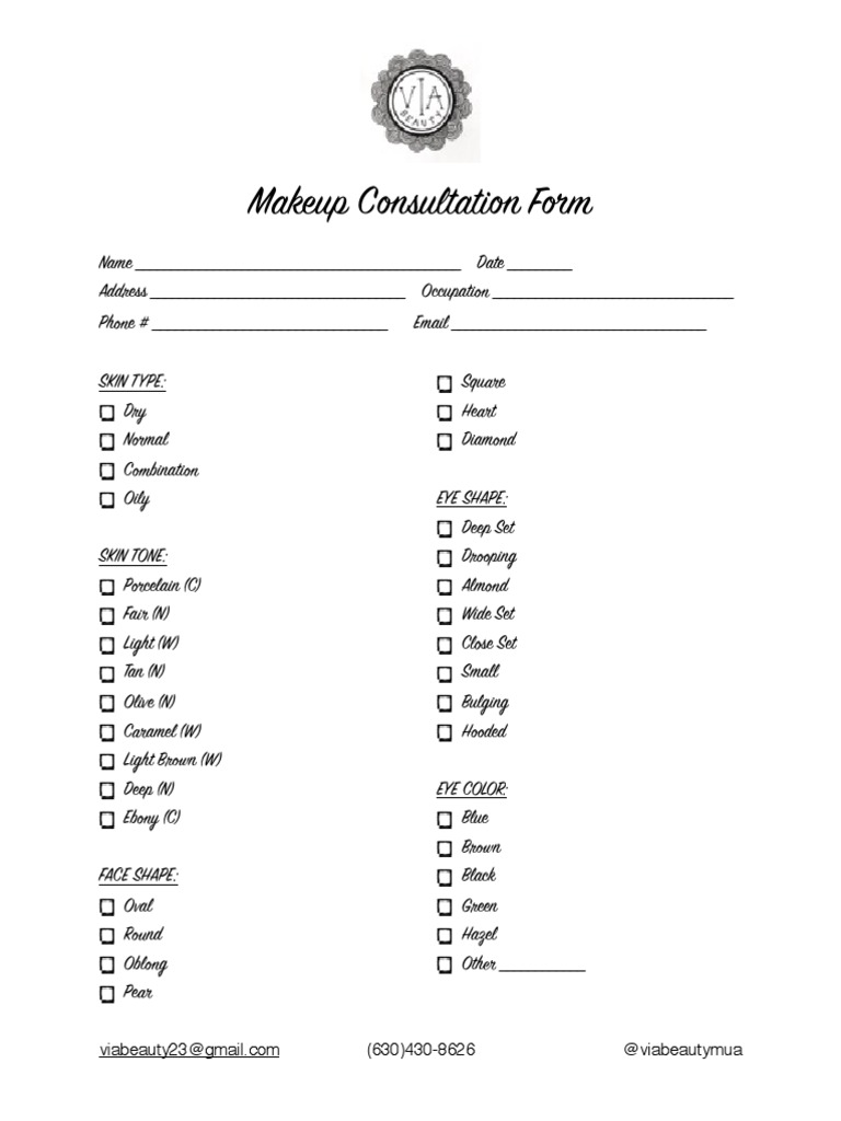Makeup Consultation Form | Human Skin Color | Eye Color