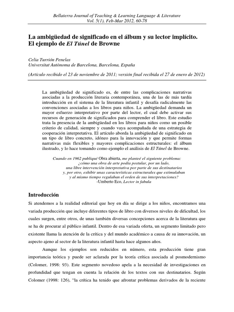 La Ambiguedad de Significado en El Album y Su Lector Implicito. El ... La Ambiguedad de Significado en El Album y Su Lector Implicito. El ...