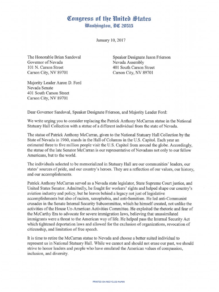 McCarran Statue Letter