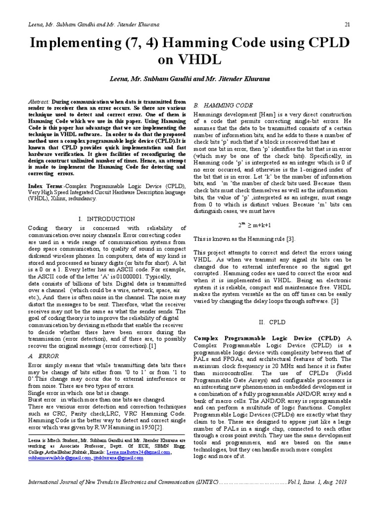Implementing (7, 4) Hamming Code Using CPLD On VHDL | PDF | Error Detection And Correction | Vhdl