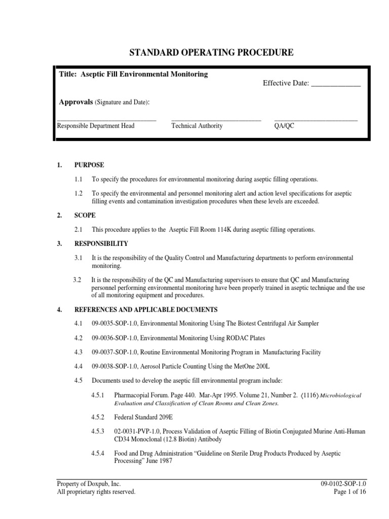 SOP Aseptic Filling PDF | PDF | Environmental Monitoring | Filtration