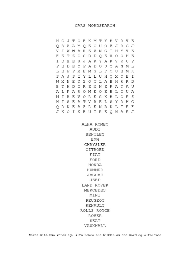Car Brands Word Search Puzzle | PDF