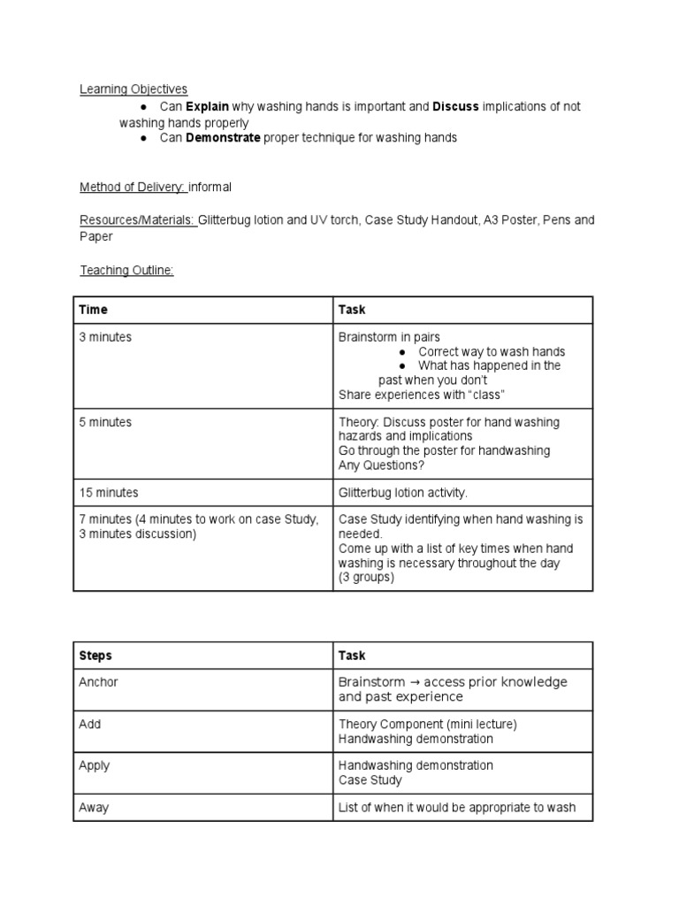 Handwashing Teaching Plan | PDF