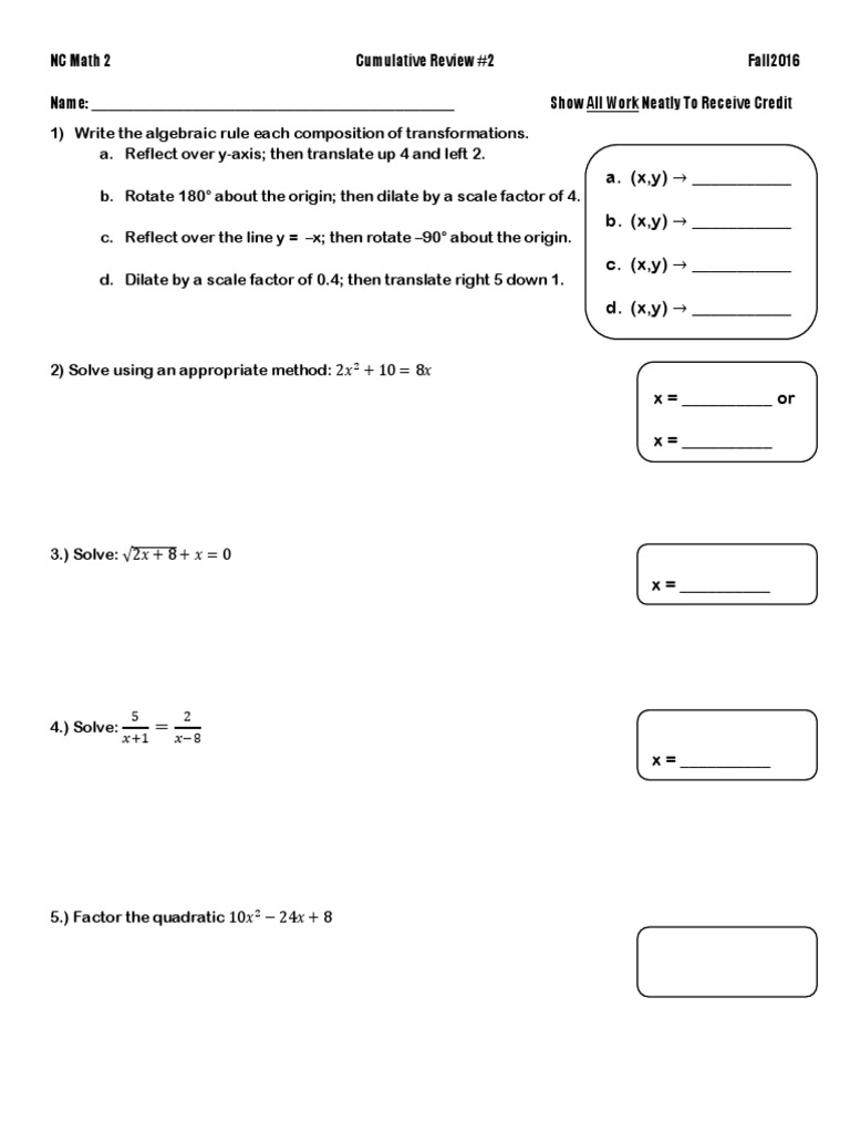 NC Math 2 Cumulative Review #2 | PDF | Quadratic Equation | Elementary ...