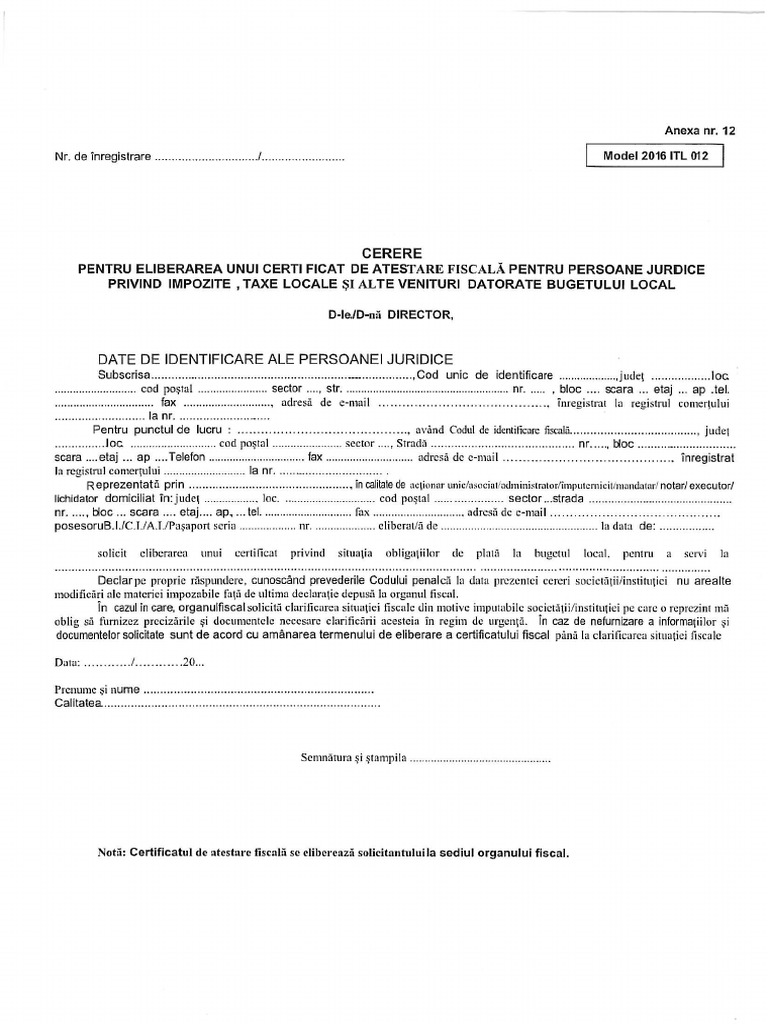 Cerere Eliberare Certificat de Atestare Fiscala-Persoane Juridice PDF | PDF