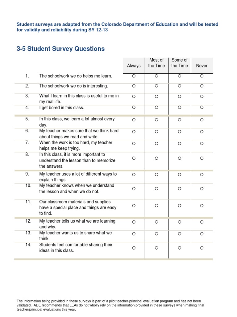 3-5 Student Survey Questions | PDF | Classroom | Quality Of Life
