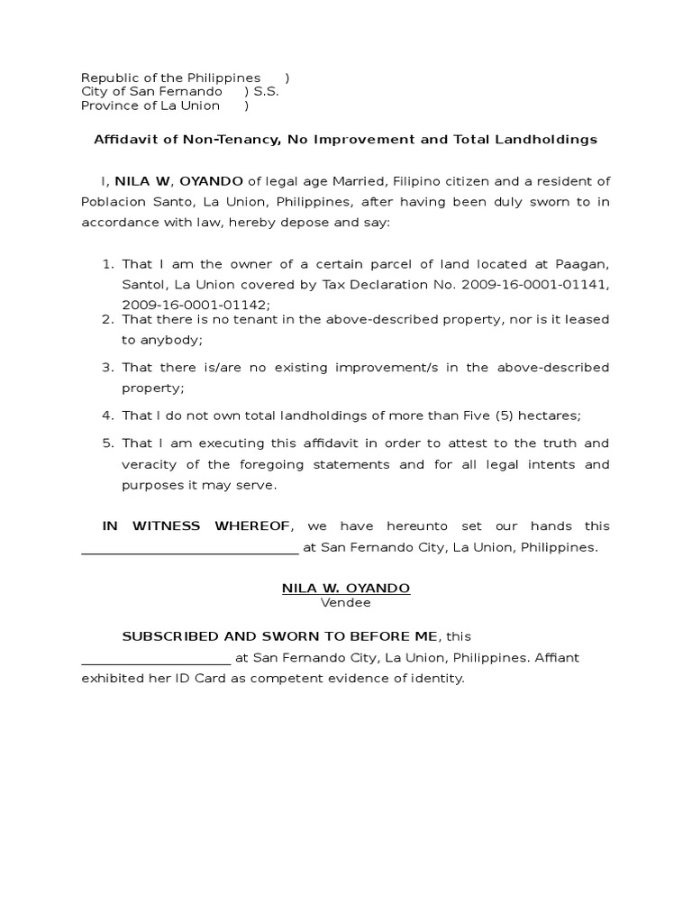 Affidavit of Non Tenancy