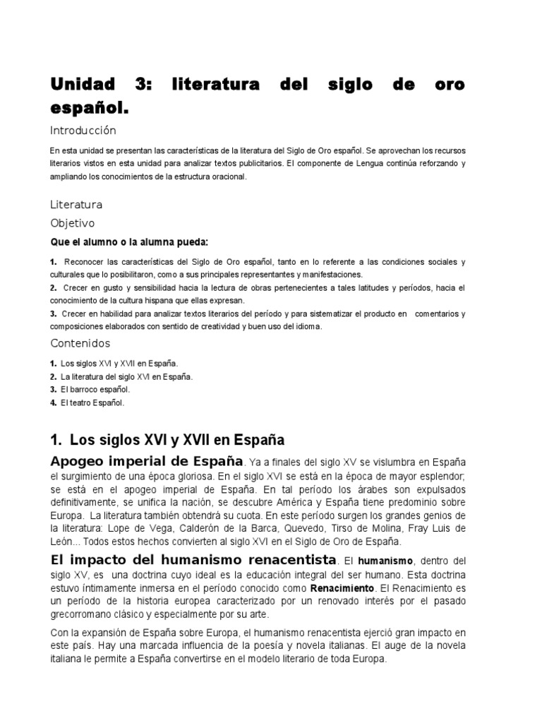 Unidad 3 Literatura Del Siglo de Oro Español | PDF | Renacimiento ...