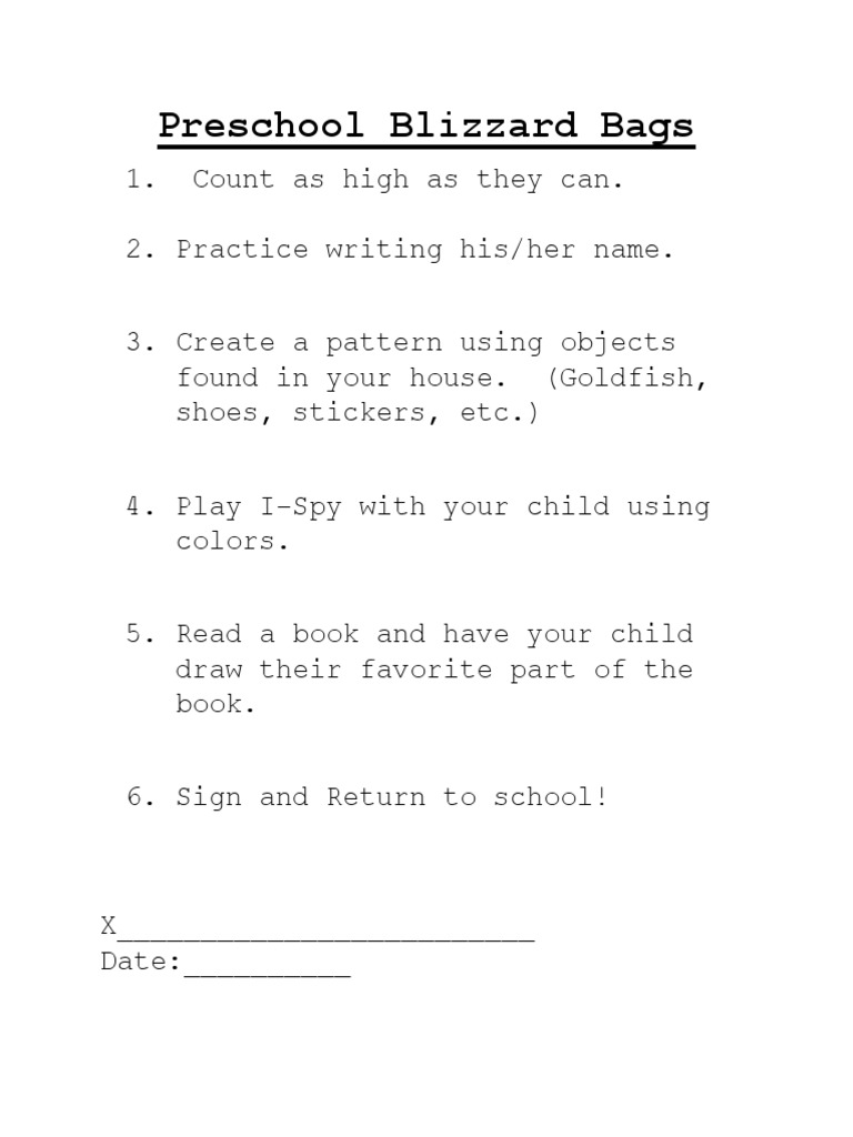 Preschool Blizzard Bags Day 1 Day 2 Day 3 | PDF