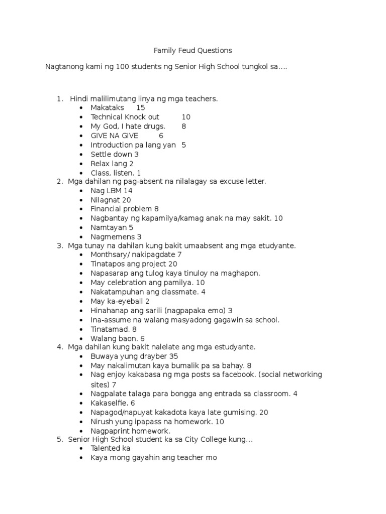 Family Feud Questions | PDF