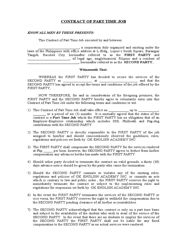 Part Time Template - Contract of Employment | PDF | Contractual Term ...
