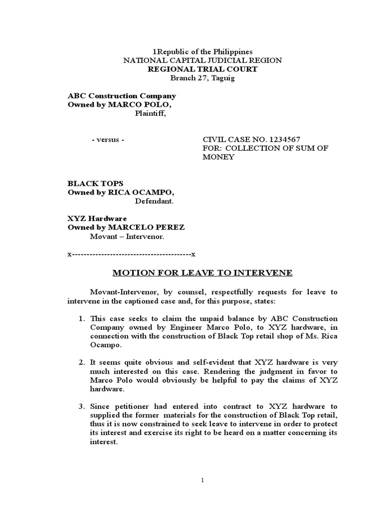 COLLECTION OF SUM OF MONEY, Motion For Leave To Intervene | PDF