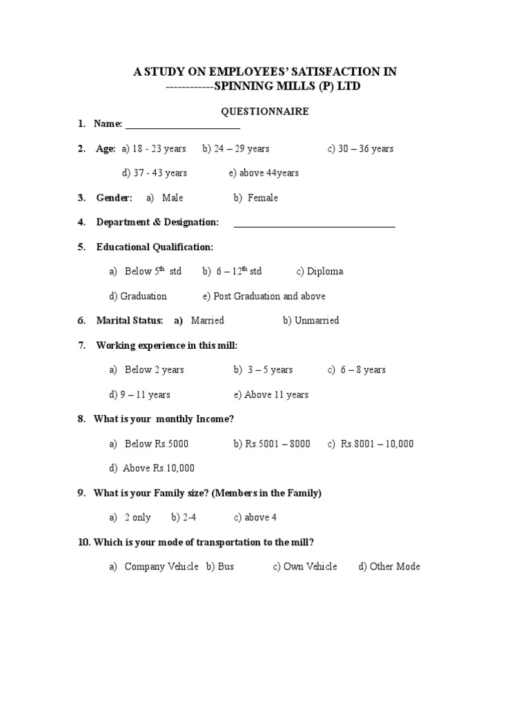 Employee Satisfaction Survey Questionnaire | PDF | Business | Wellness