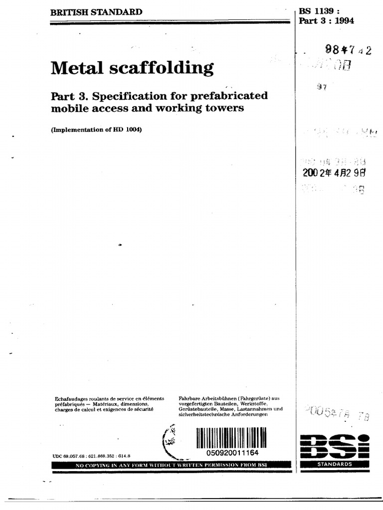 BS 1139-3-1994 Metal Scaffolding - Specification for Prefabricated ...