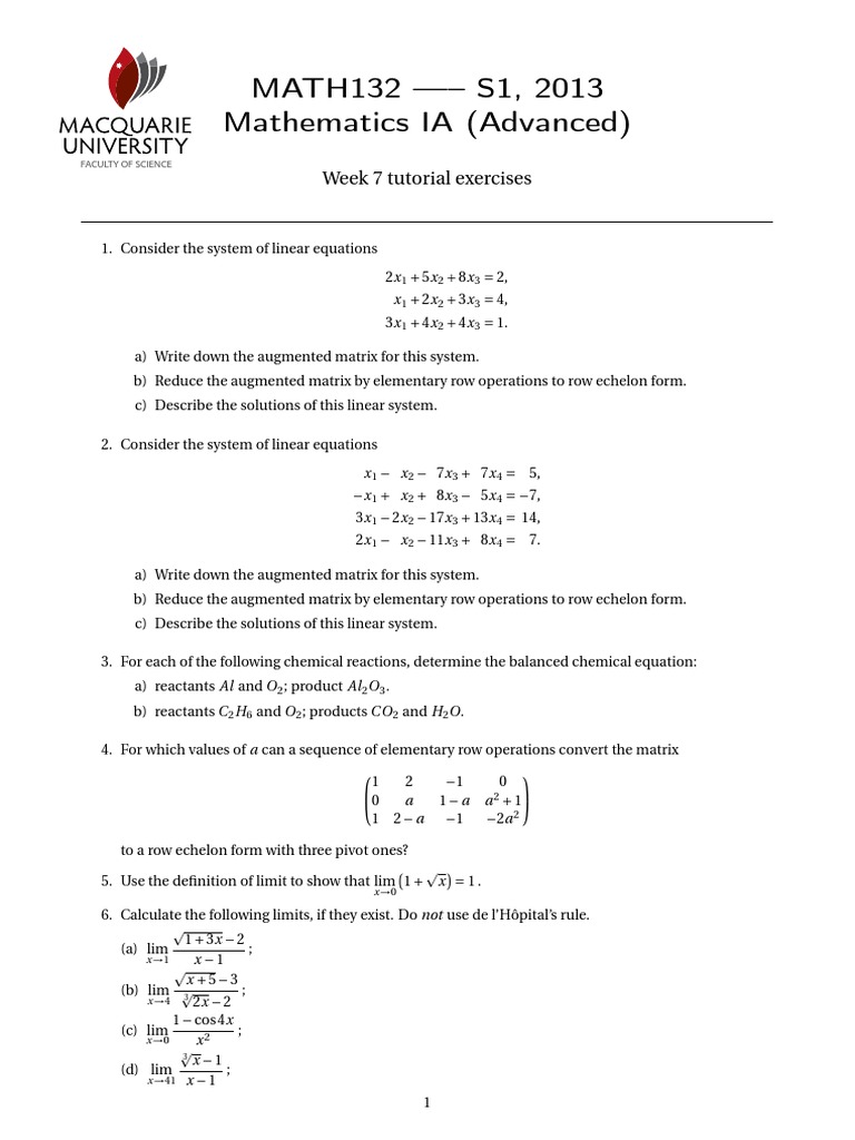 MATH132 - S1, 2013 Mathematics IA (Advanced) : Week 7 Tutorial Exercises | PDF