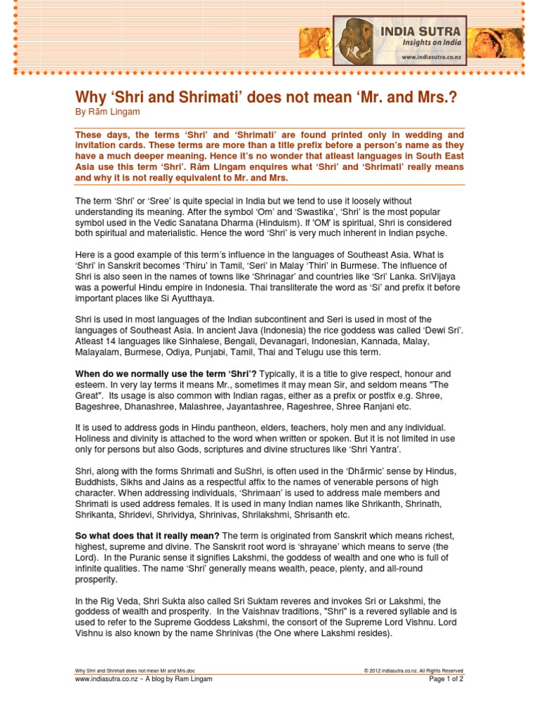 Why Shri and Shrimati Does Not Mean MR and Mrs | PDF | Sri | Indian ...