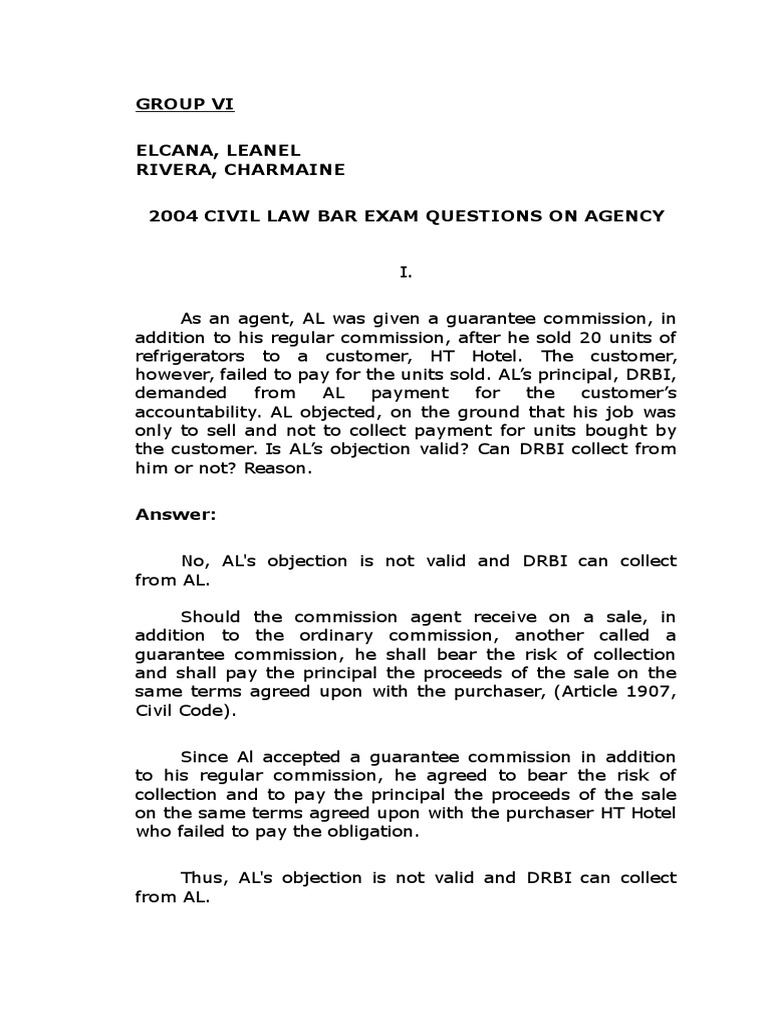 2004 Civil Law Bar Exam Questions on Agency | Law Of Agency | Partnership