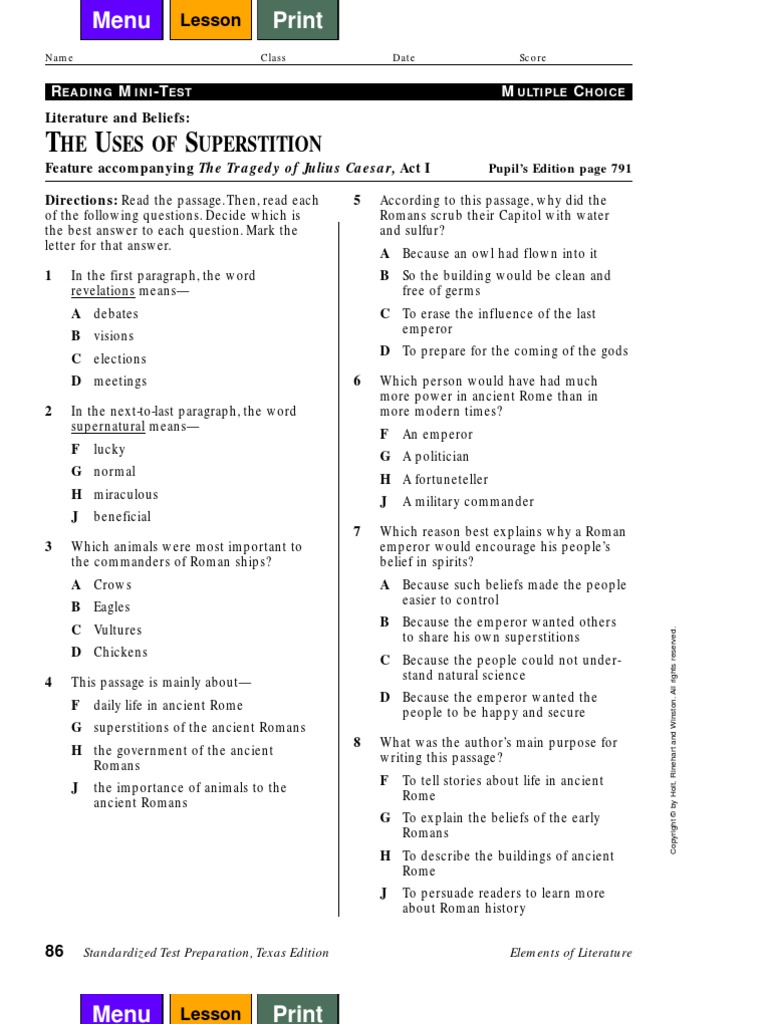 Julius Caesar Act I Test | PDF | Superstitions | Ancient Rome