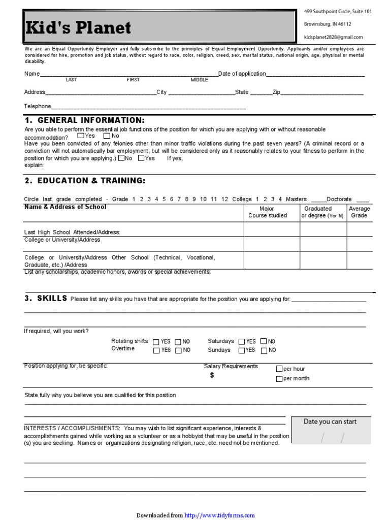 Kid's Planet Job Application Form | PDF | Equal Opportunity | Employment