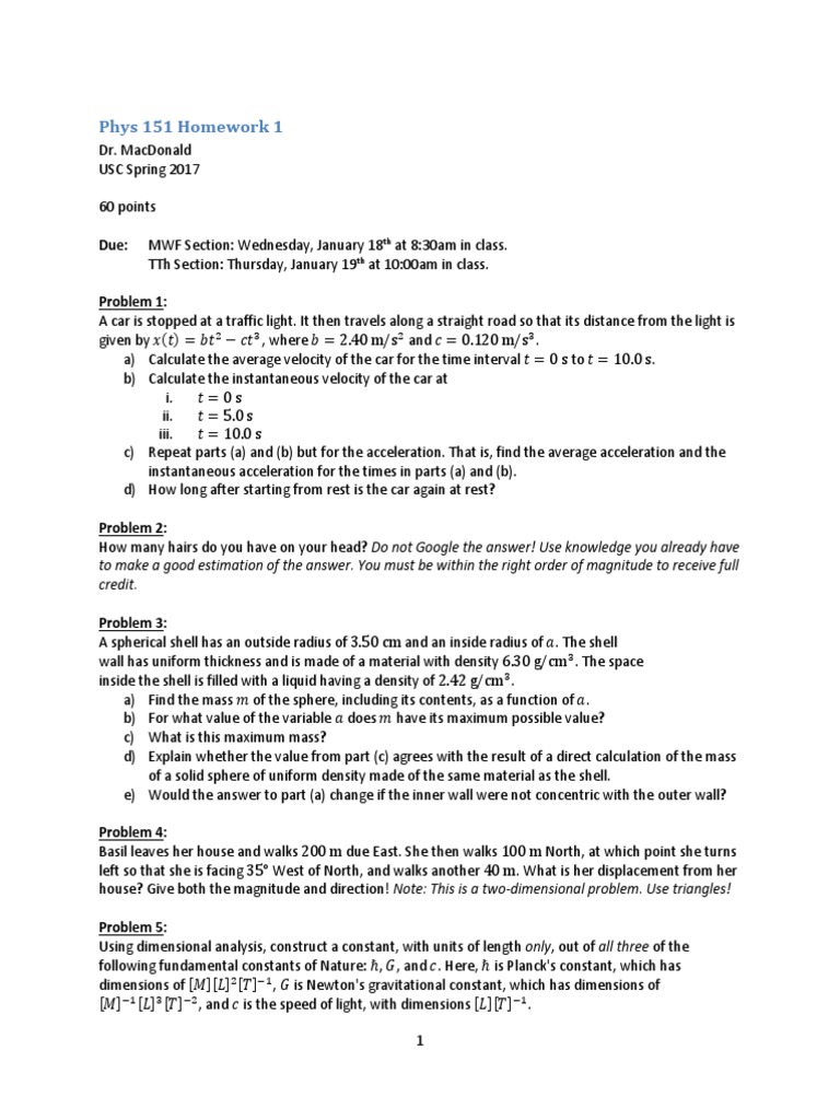 PHYS 151: Homework 1 | PDF | Norm (Mathematics) | Force