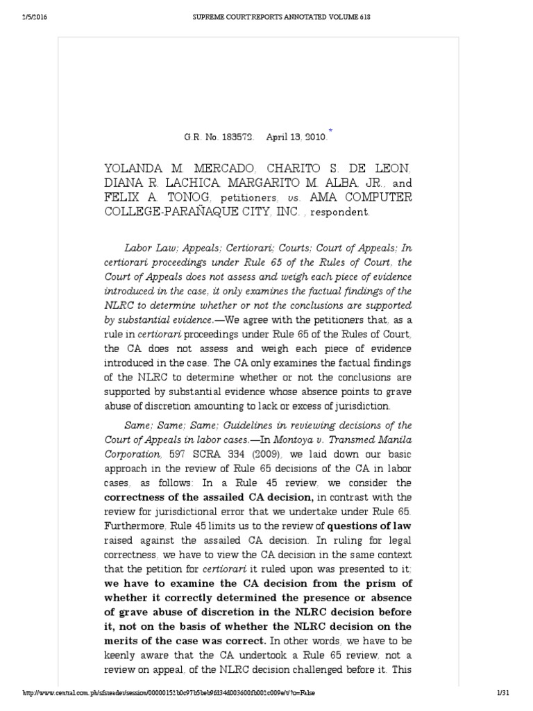 Mercado vs. AMA Computer College Parañaque City, Inc. | PDF | Academic ...