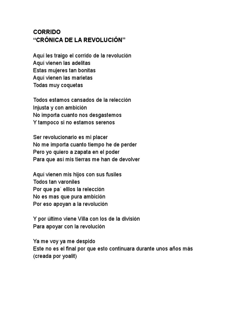 Corrido "Crónica de La Revolución" | PDF
