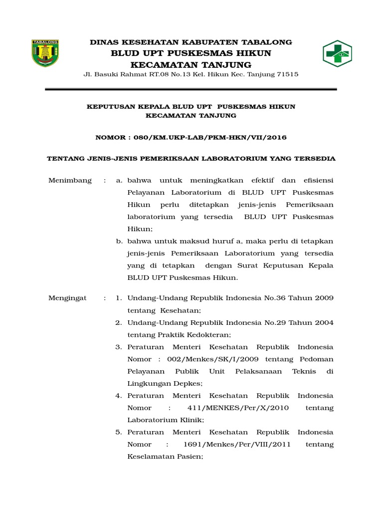 8.1.1.1 SK Tentang Jenis-Jenis Pemeriksaan Laboratorium Yang Tersedia - 20160814 - 232636 | PDF