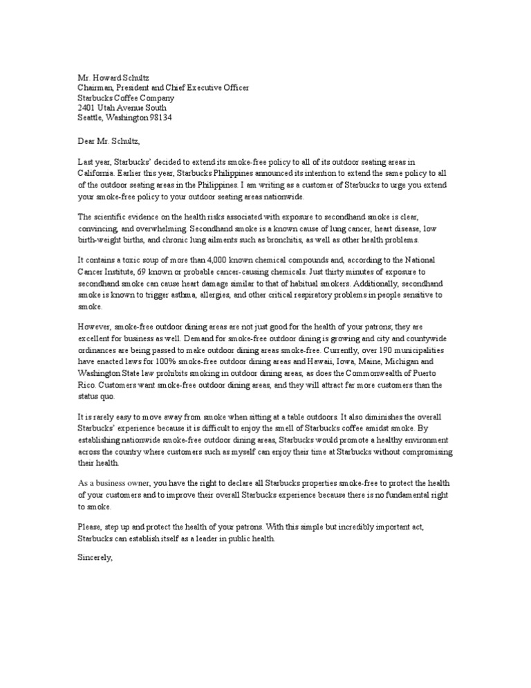 Letter To Starbucks | PDF | Starbucks | Environmental Health