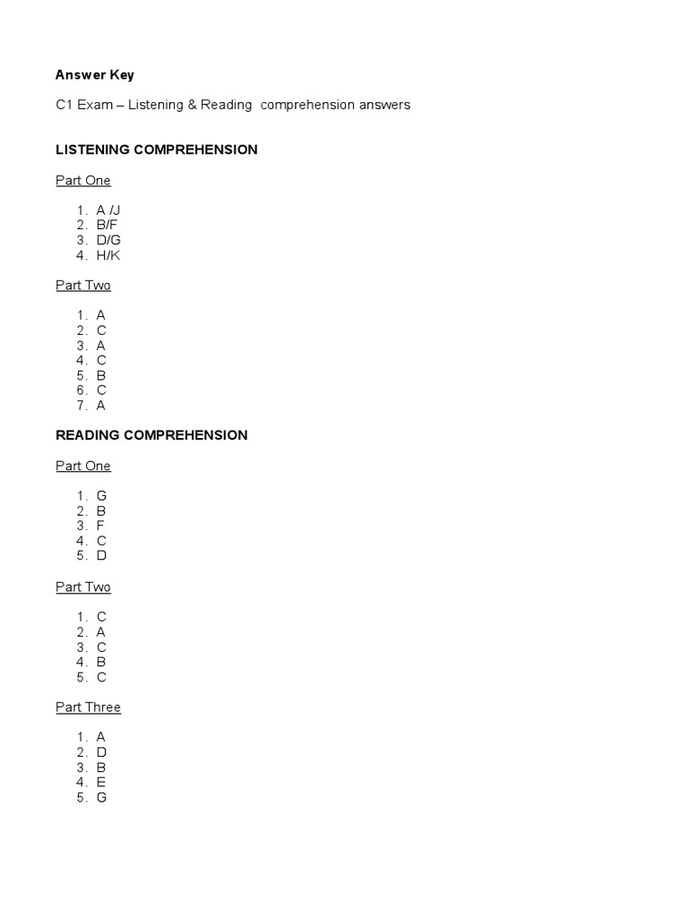 C1 Exam - Listening & Reading Comprehension Answers: Answer Key | PDF