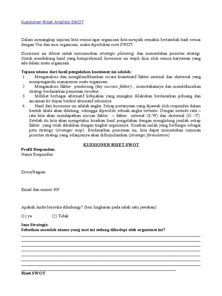 Kuesioner Riset Analisis SWOT | PDF