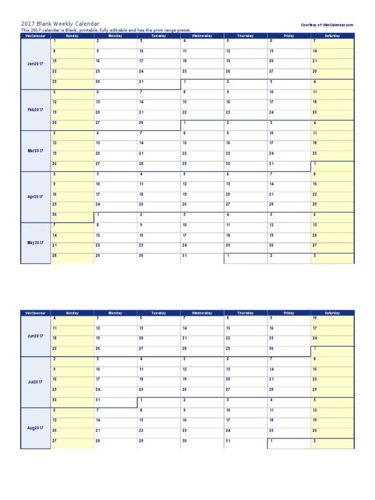 2017 Blank Weekly Calendar: Sunday Monday Tuesday Wednesday Thursday ...