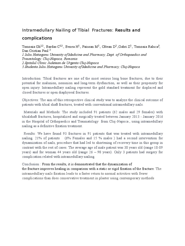 Intramedullary Nailing of Tibial Fractures Results and Complications | PDF