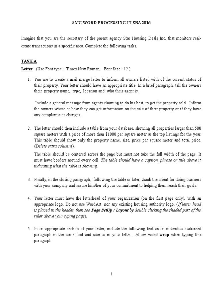 Word Processing SBA 2017 | Typefaces | Paragraph