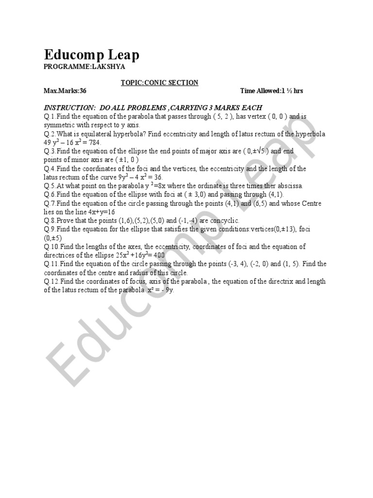 Practice Test Paper Conic Section Ace Level | PDF