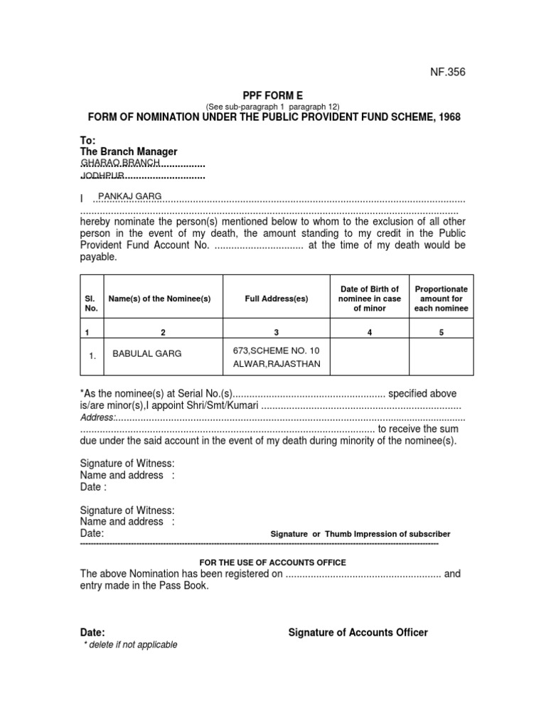 PPF Form E: Gharao Branch Jodhpur Pankaj Garg | PDF