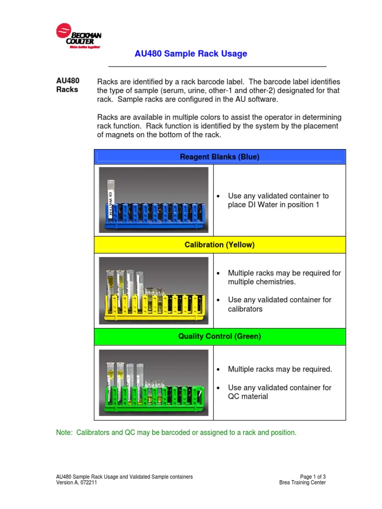 AU480 Sample Rack Usage | PDF | Barcode | Computing And Information Technology
