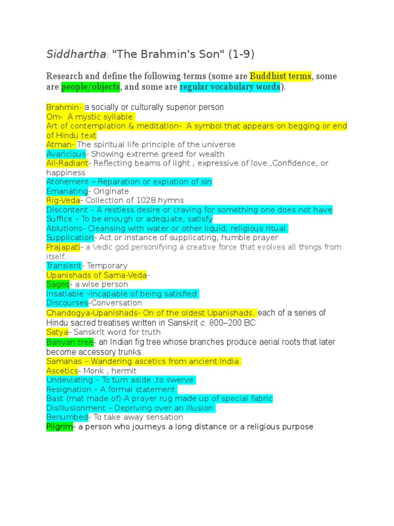 Key Terms in Siddhartha: Brahmin's Son | PDF