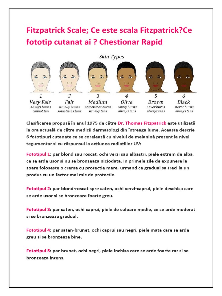 Fitzpatrick Scale Chestionar Fototip Cutanat PDF | PDF